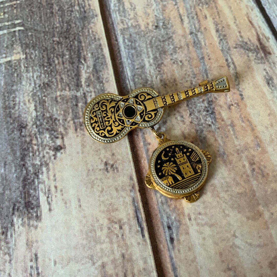 Vintage Brass Spanish Damascene Guitar and Tambourine Brooch - Etsy