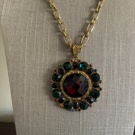 Rhinestone colorful jewel tone medallion necklace on … - Gem
