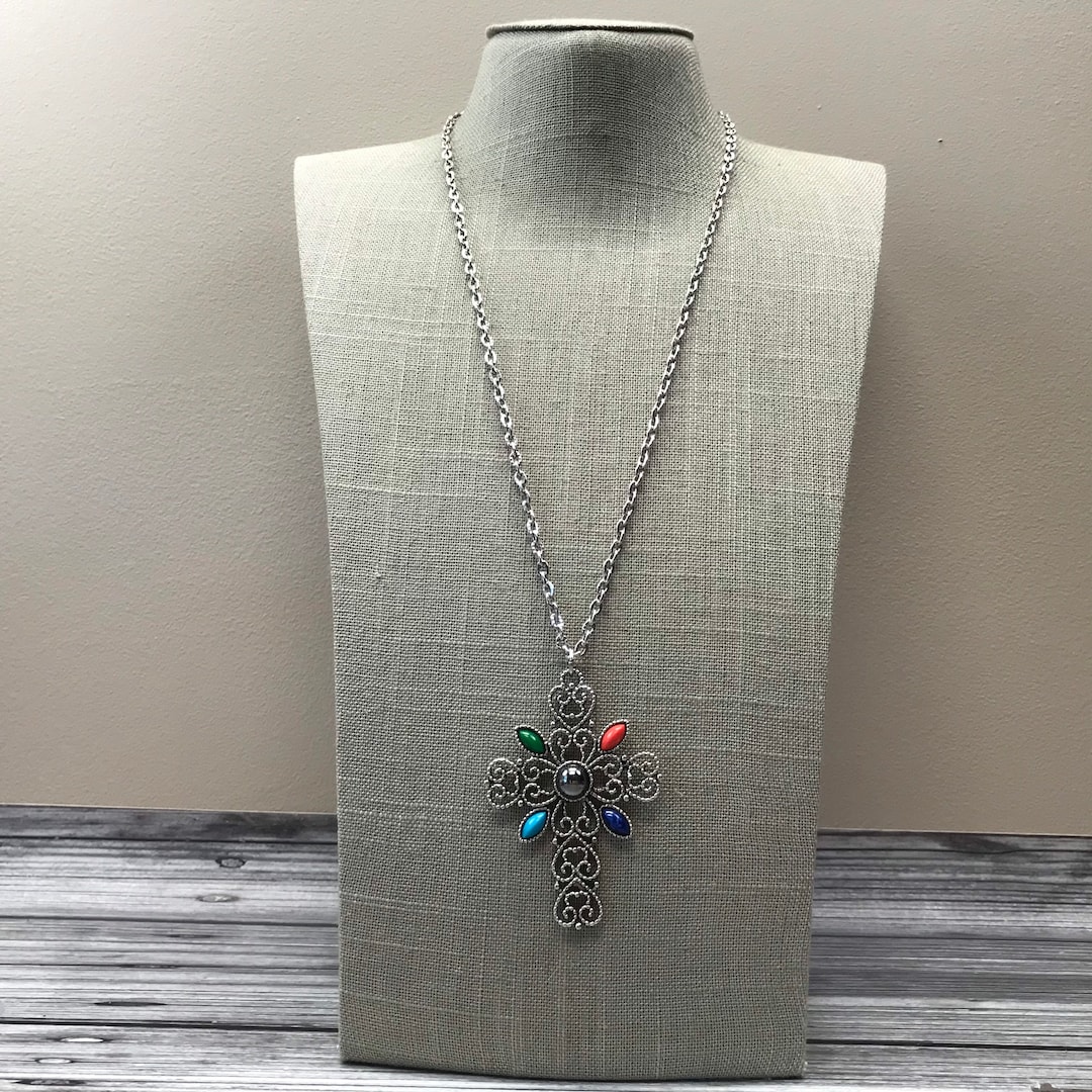 Vintage Avon Cross Necklace Large Religious Cross Pendant Scroll ...