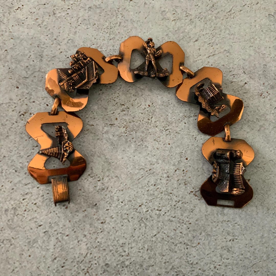 Vintage Copper Link Bracelet Neoclassical Landmark Scenes Figural Panel ...