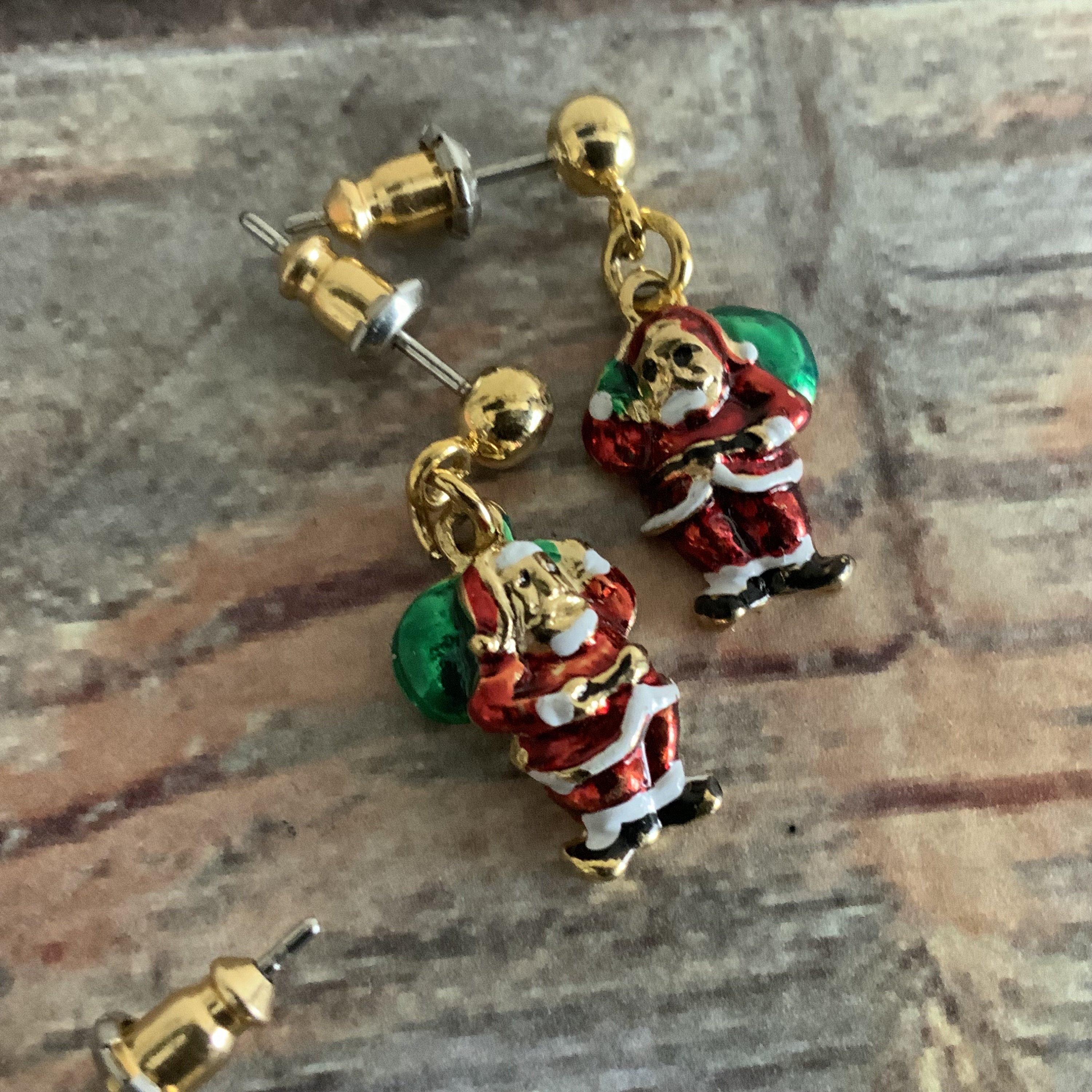 Vintage Pierced Set of Two Santa and Christmas Trees Earrings in Gold ...
