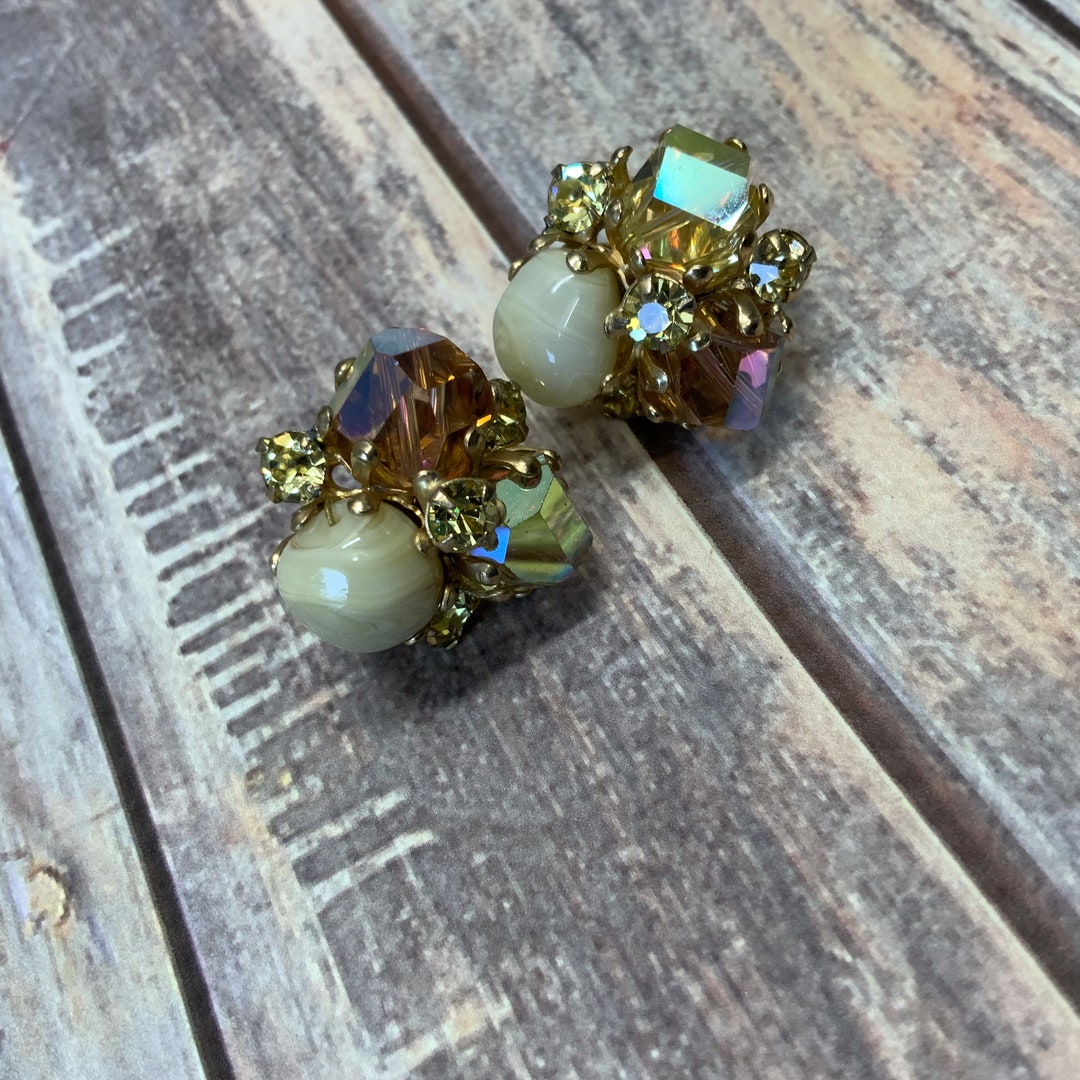 Yellow Rhinestone Slag Glass Vogue Clip on Earrings in Gold Tone - Etsy