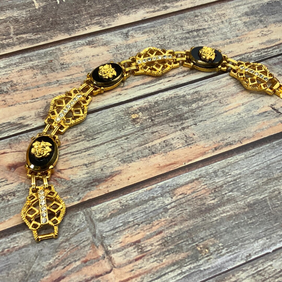 Vintage Black Cameo Rose Filigree Rhinestone Link Bracelet in Gold Tone ...