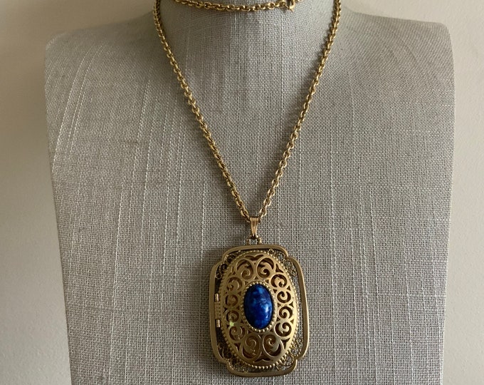 Large Vintage 1970s Blue and Gold Locket Necklace Yesteryear Picture ...