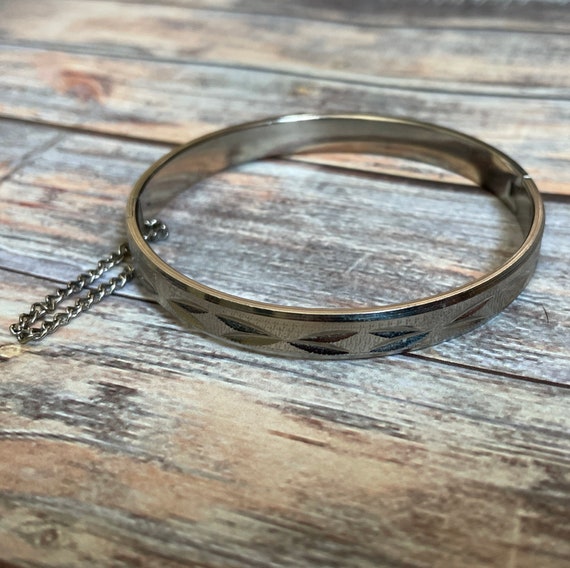 Narrow silver tone hinged bangle bracelet with diamon… - Gem