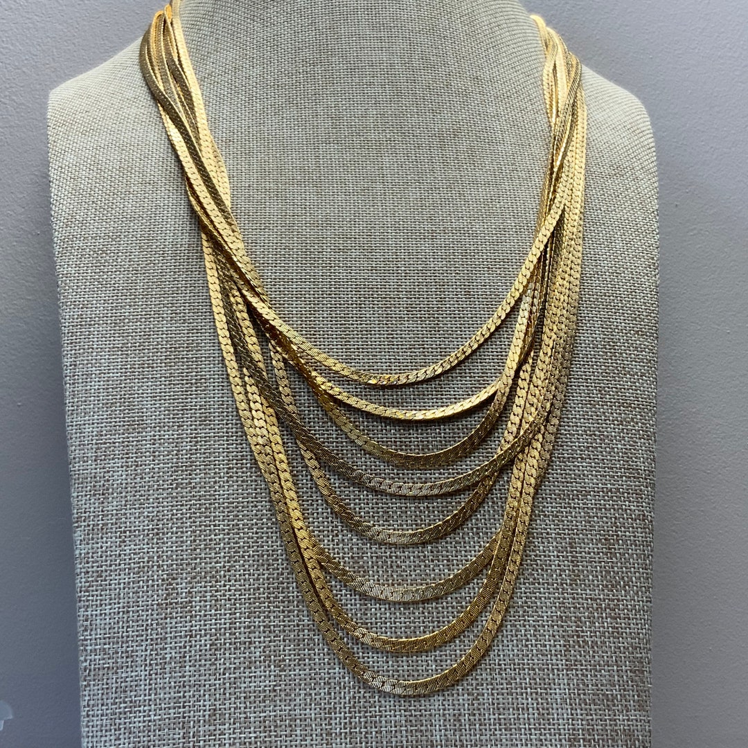 Vintage MONET Brushed Gold Tone Eight Strand Herringbone Chain Necklace - Etsy