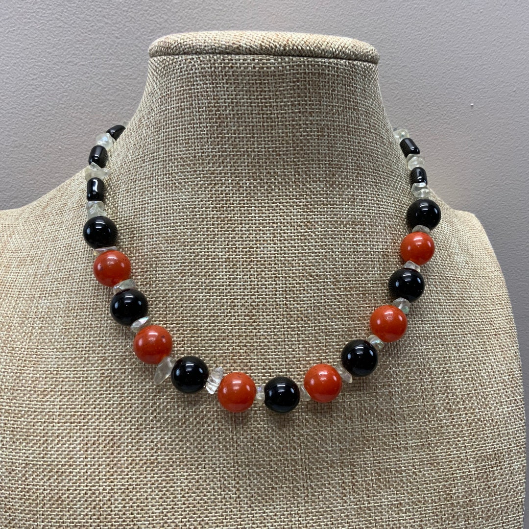 Vintage Black and Orange Glass Beaded Signed Teng Yue Necklace - Etsy