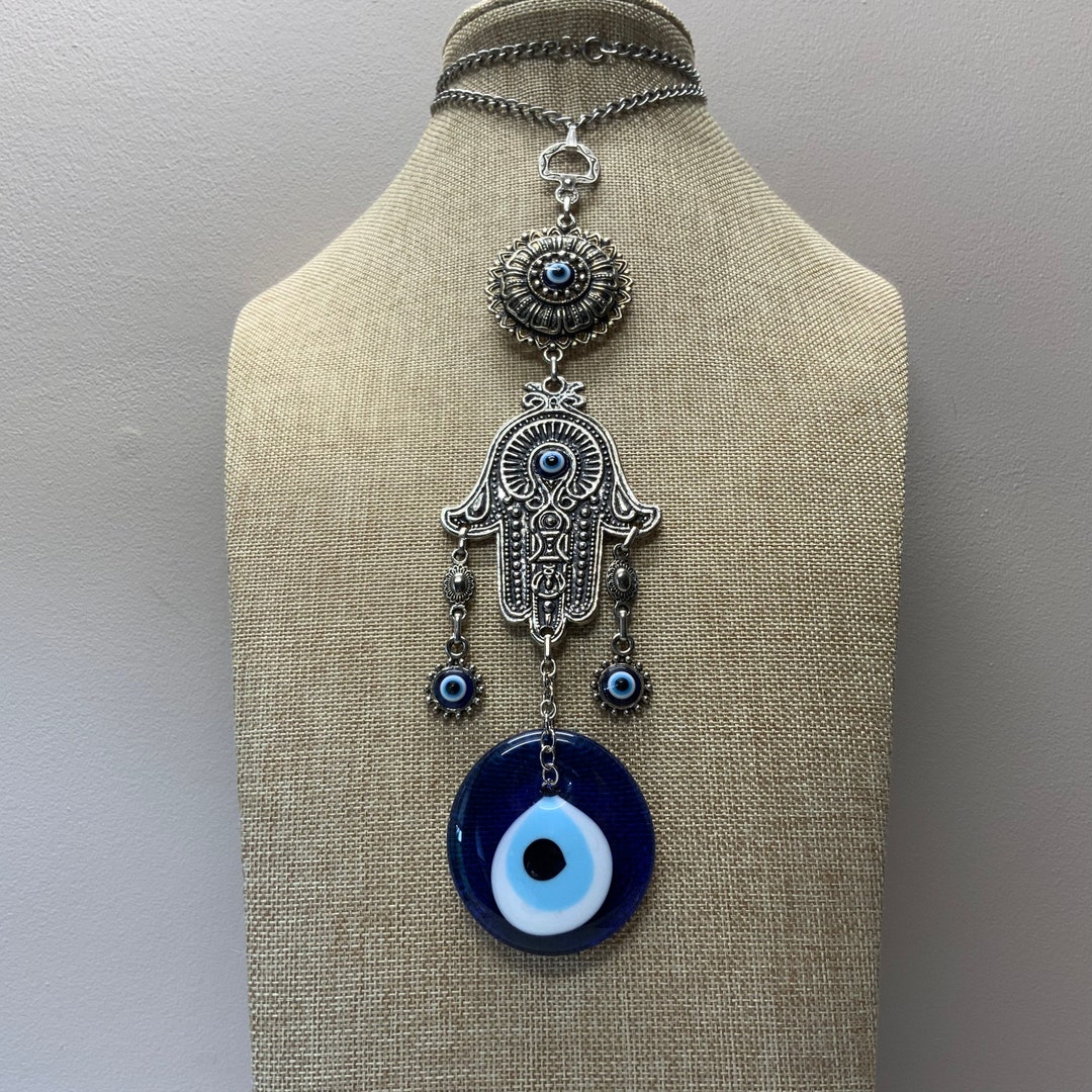 Large Antique Silver Evil Eye Hamsa Hand Statement Necklace - Etsy