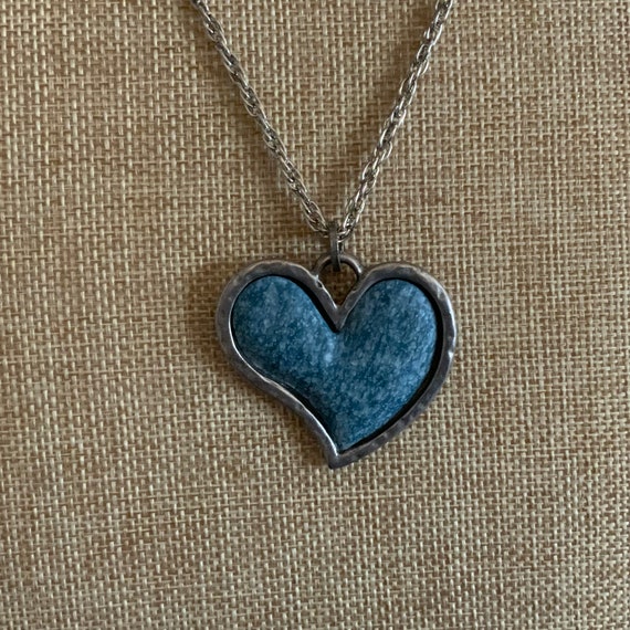 Vintage Blue Faux Stone Heart Necklace in Silver Tone Metal Etsy