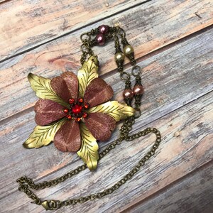 Handmade Rust Red Brass Daisy Flower Necklace With Pearl Chain - Etsy
