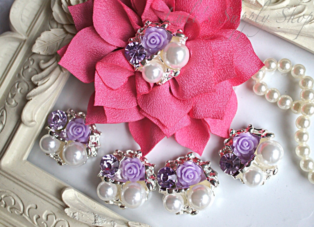 Lavender Vintage Pearl - Resin Rose Rhinestone Buttons - 23mm Flat Back ...