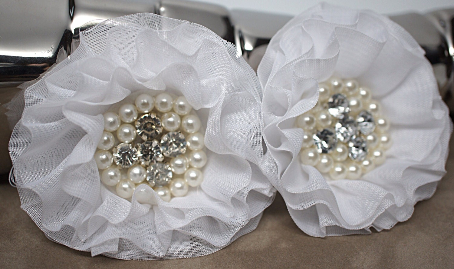 Set of 2 White Fabric Flowers - Embellished Chiffon Flower - Parisian ...