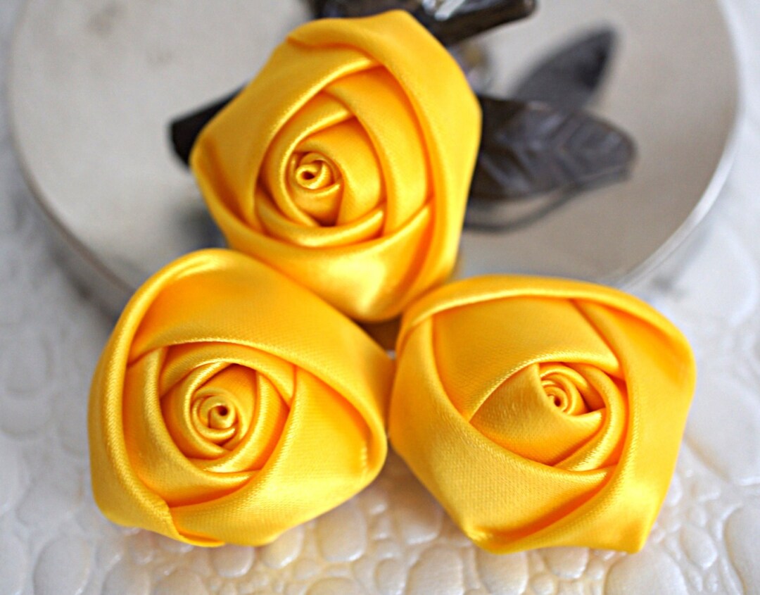 Set of 3 Rolled Rosettes 1.5" - Yellow - Satin Flower - Satin Rose ...