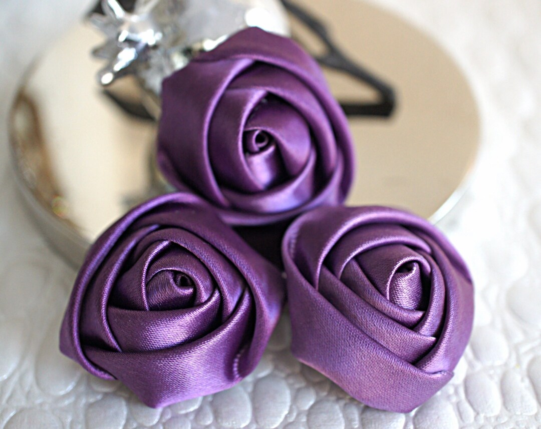 Set of 3 Rolled Rosettes 1.5" - Dark Purple Satin Flower Satin Rose ...