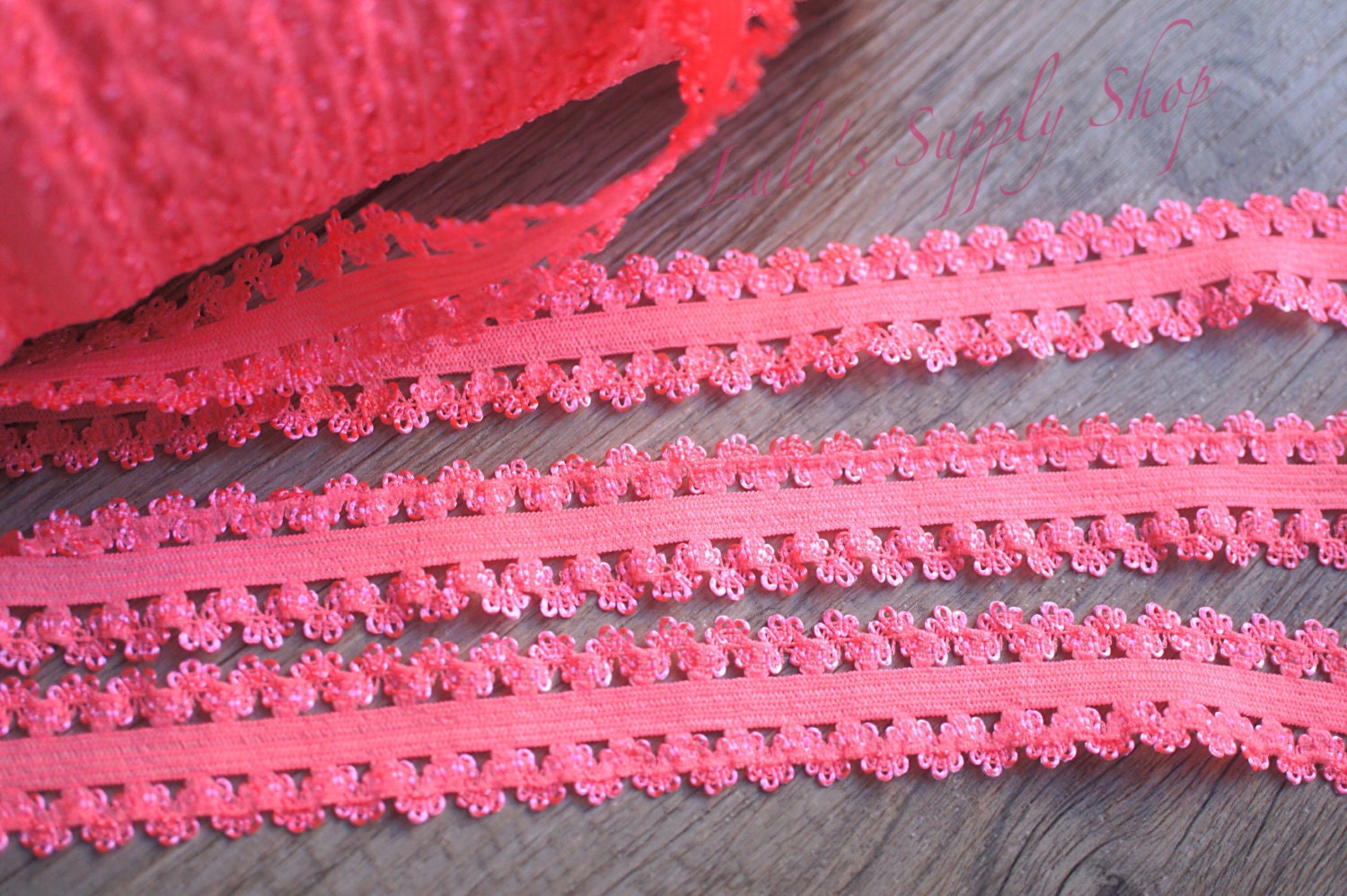 1 Yard Neon Pink Frilly Elastic - Lace Edge Elastic - Neon Picot Edge ...
