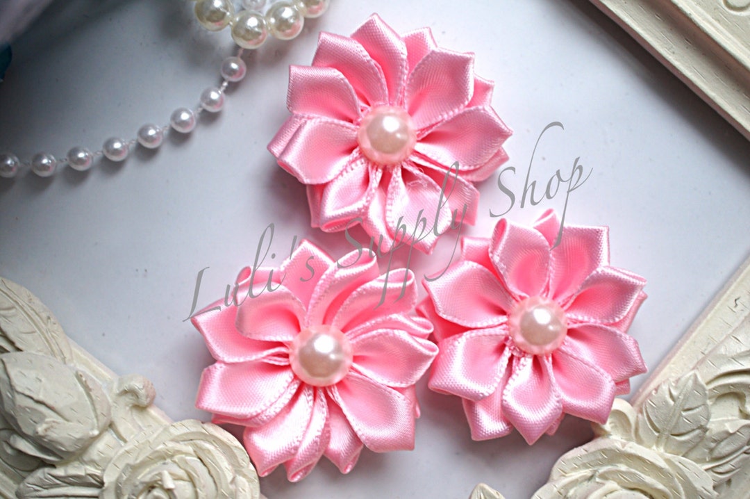 3 Pink 1.5" Satin Flowers W/ Pearl Center - Petite Satin Flower - Satin ...