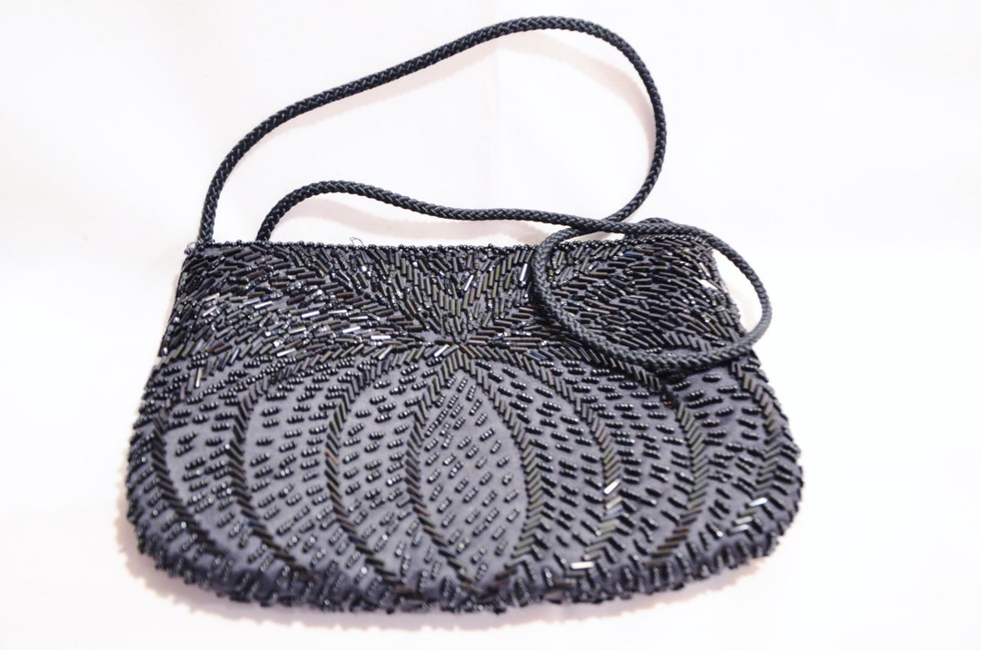 Vintage Jet Black Beaded Bag 1980's. Lovely Black Satin Lining With ...