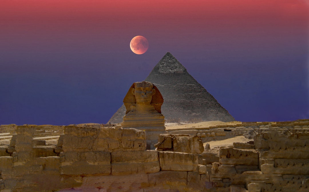 A Super Moon by the Great Pyramid in Cairo, Blue and Vibrant Night Sky ...