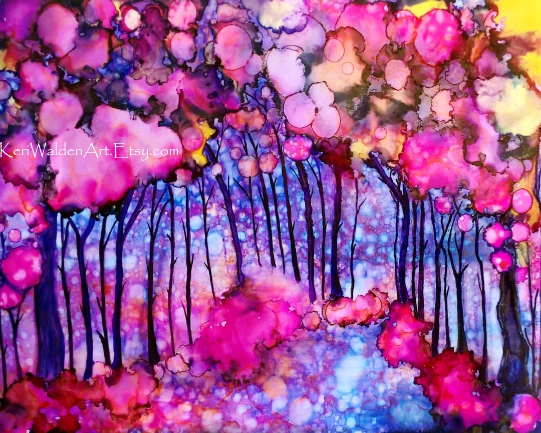 Alcohol Ink Art, Fantasy Landscape Print, Pink Enchanted Forest, Print ...