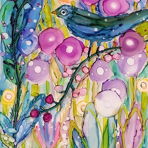 Alcohol Ink Art, Bird Art Print, Abstract Floral Bird Wall Decor ...