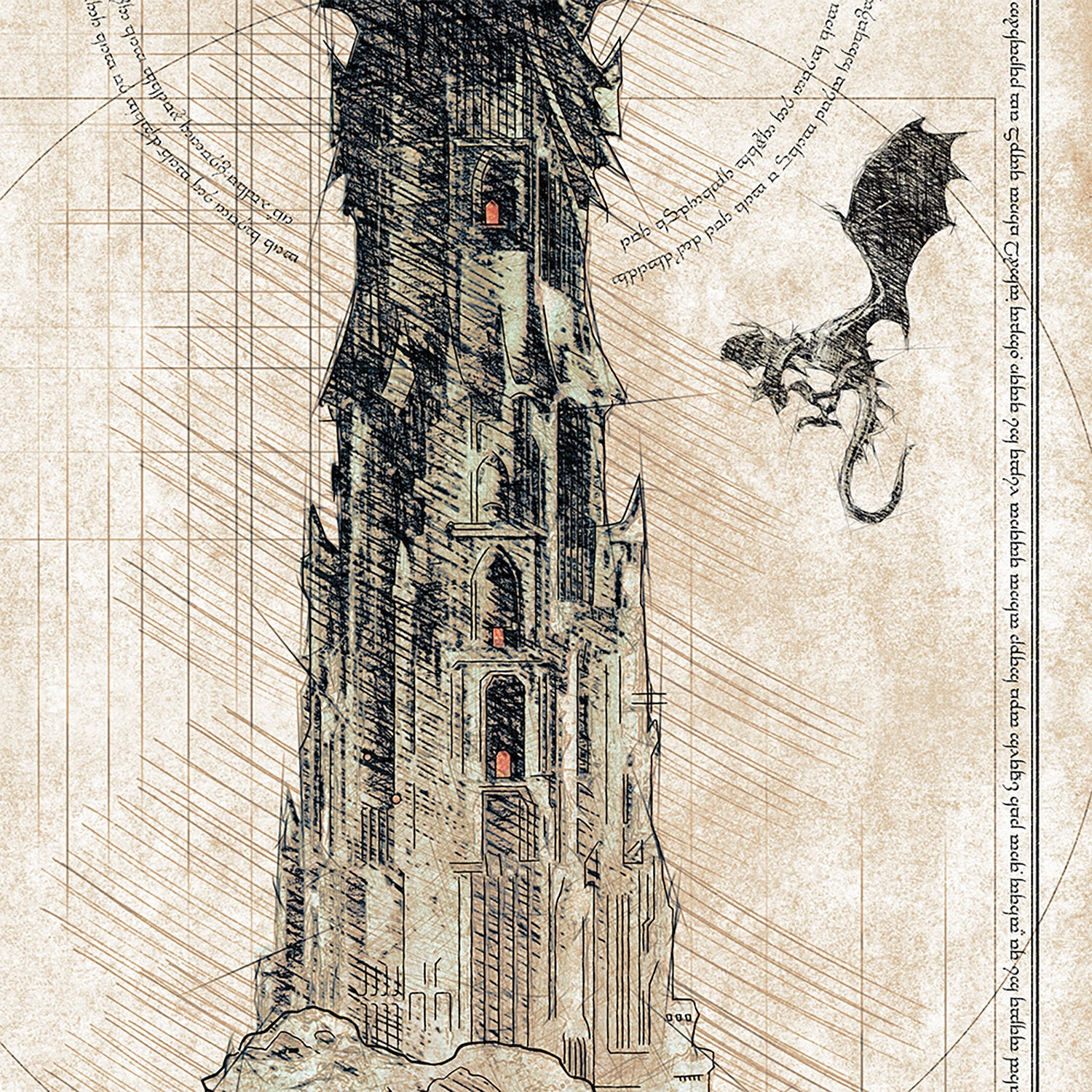 LOTR Sauron's Tower Barad Dur Da Vinci Style Sketch | Etsy Australia