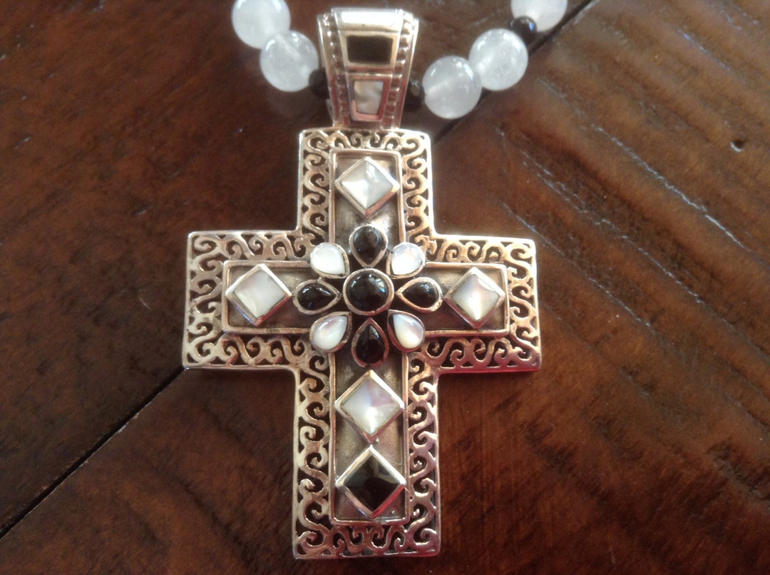 Mother of Pearl Onyx Cross Pendant Necklace, Sterling Silver - Etsy