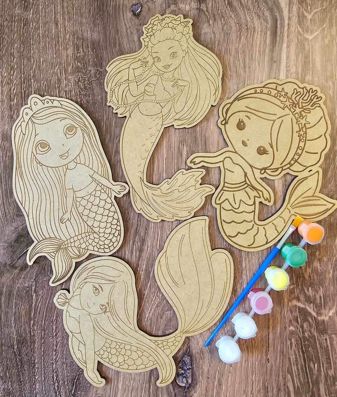Wood DIY Paint Party Mermaid Themed Coloring Kit 4 Mermaids With Paint ...
