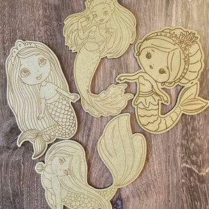 Wood DIY Paint Party Mermaid Themed Coloring Kit 4 Mermaids With Paint ...