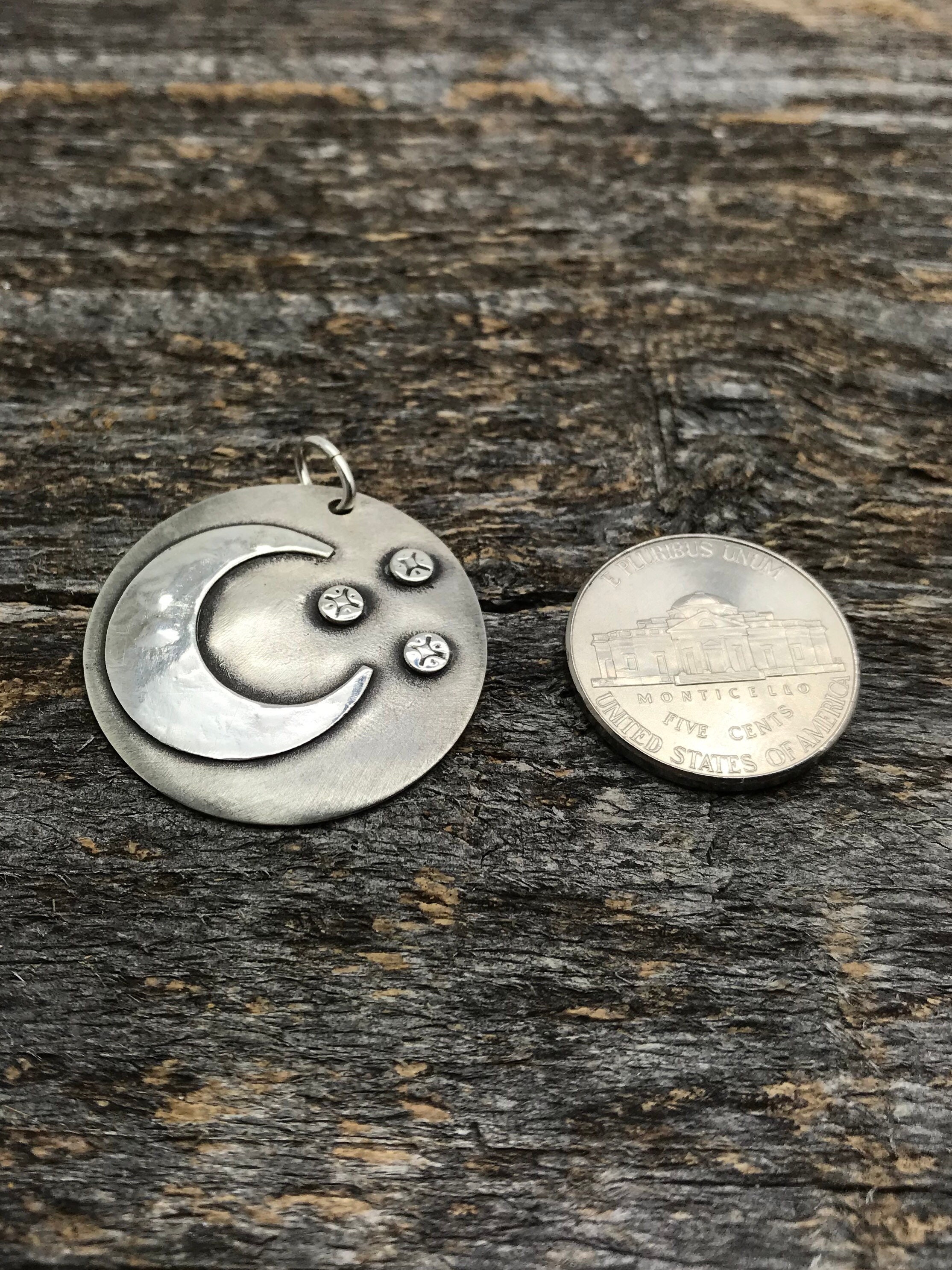 Round, Sterling Silver Moon and Stars Pendant