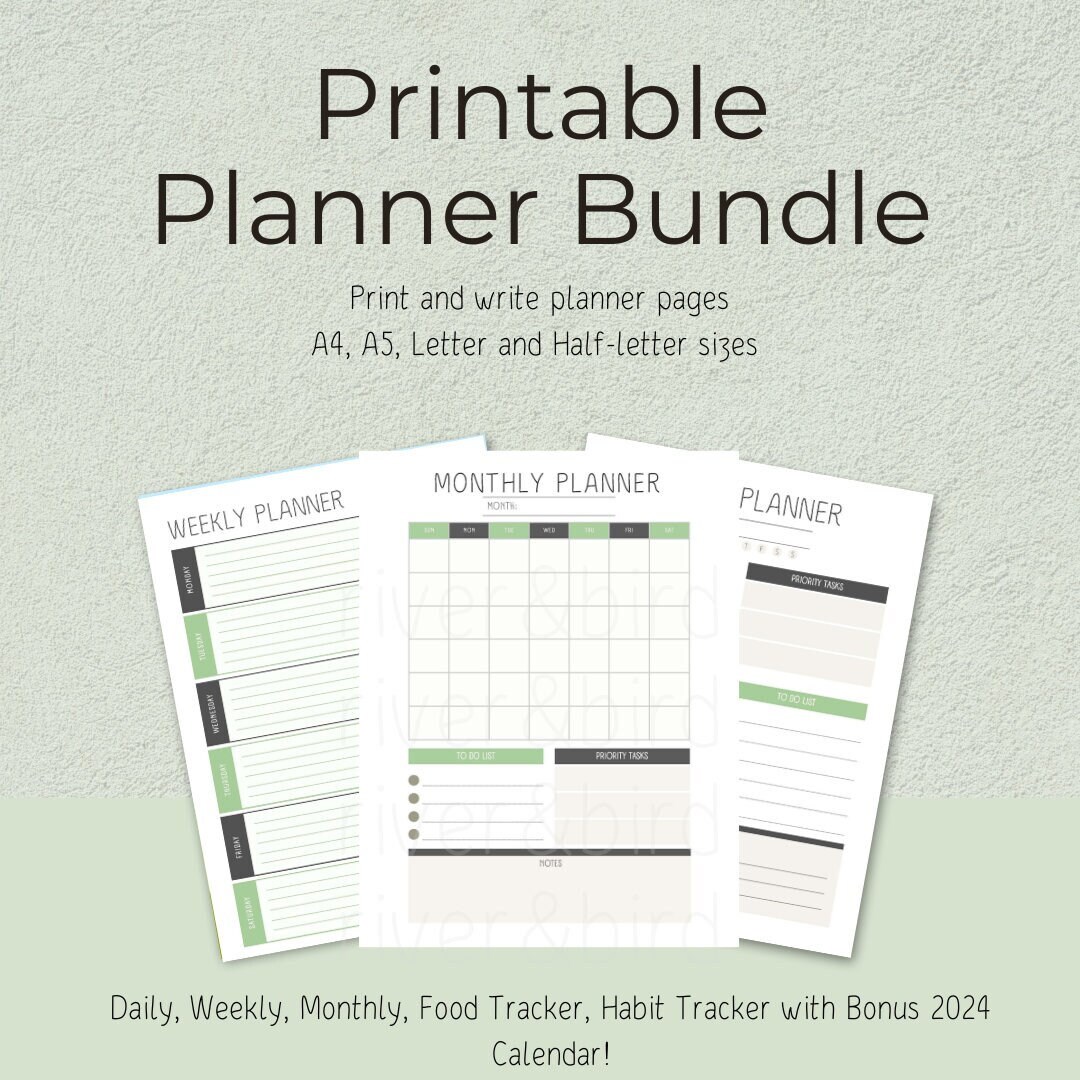 Printable Planner Bundle Green Daily, Weekly, Monthly, Food Journal ...