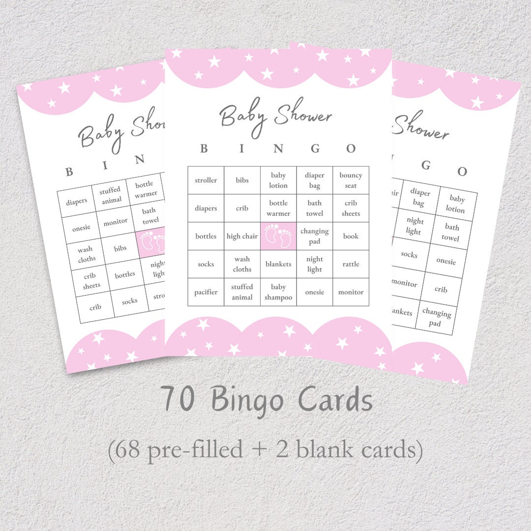 70 Pink Baby Shower Bingo Cards 2 Blank 68 Pre-filled Printable Bingo ...