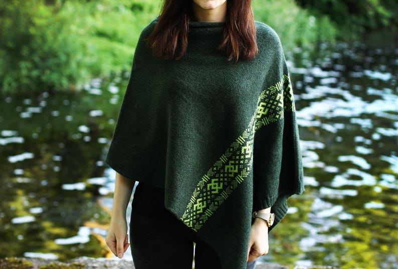 Green Poncho LAIMA | Knitted Cape Poncho | Scandinavian Pattern Latvian ...