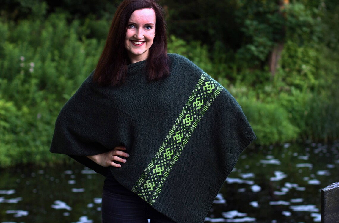 Green Poncho LAIMA | Knitted Cape Poncho | Scandinavian Pattern Latvian ...