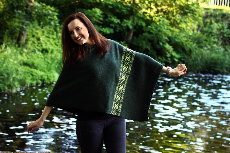 Green Poncho LAIMA | Knitted Cape Poncho | Scandinavian Pattern Latvian ...