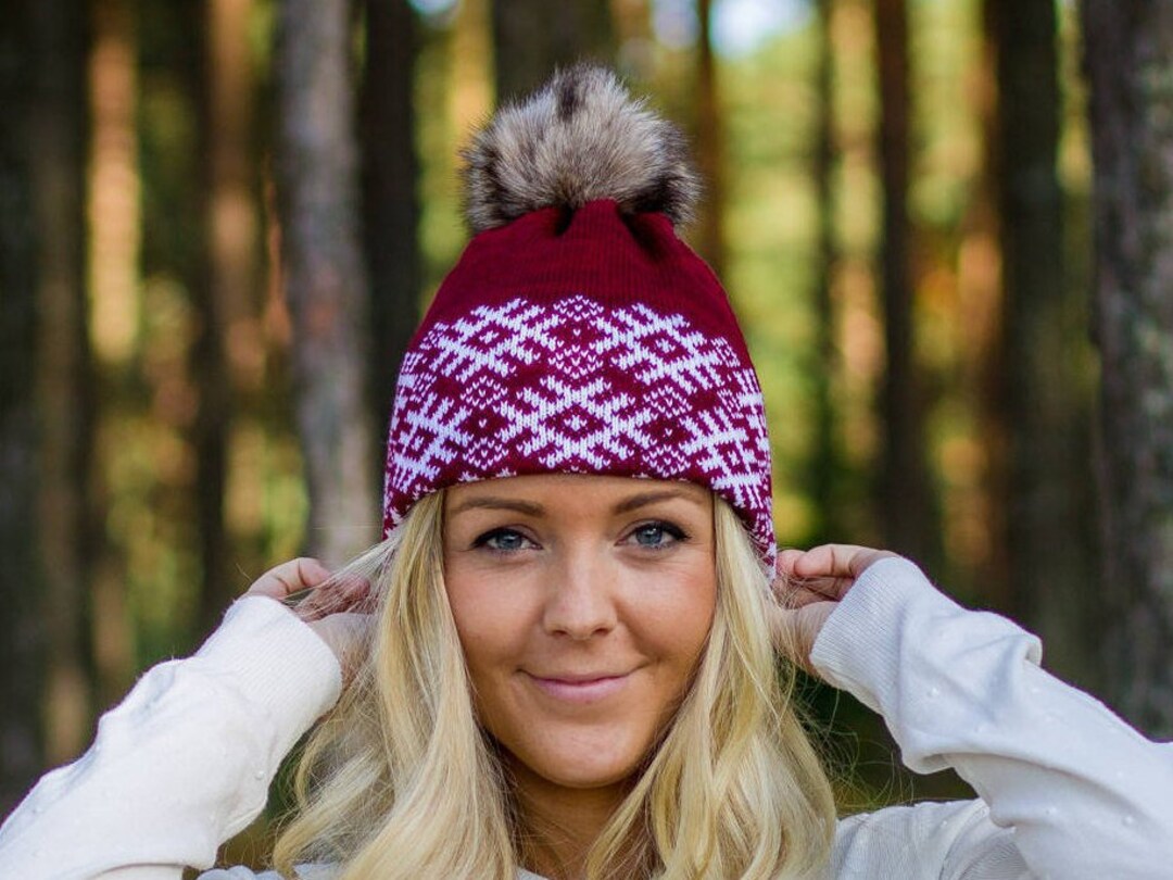 Knitted Classic Hat With Scandinavian Pattern SAULE | With Pompom ...
