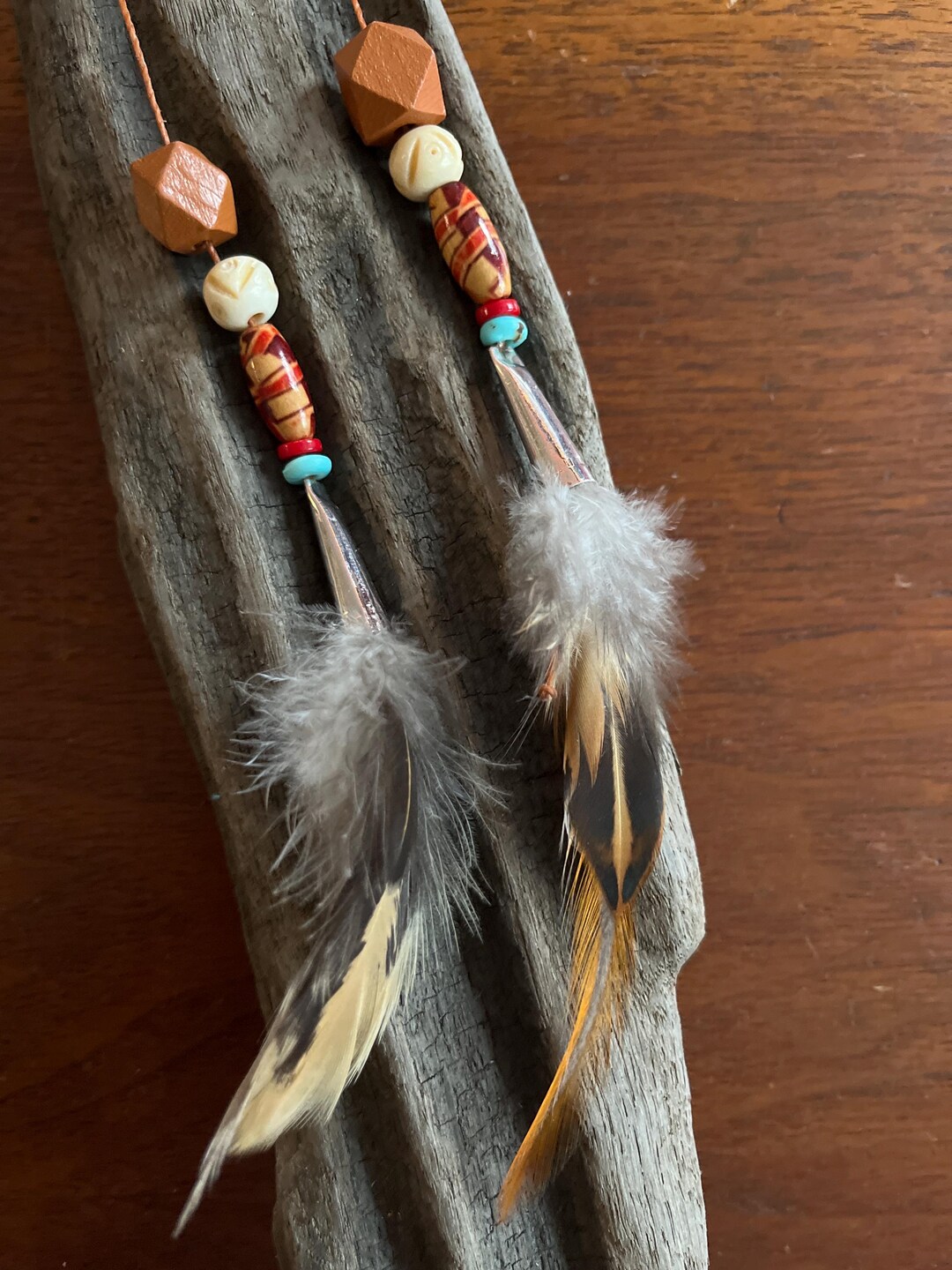 Native American-made Hair Clip With Chicken Feathers, Wooden & Resin ...