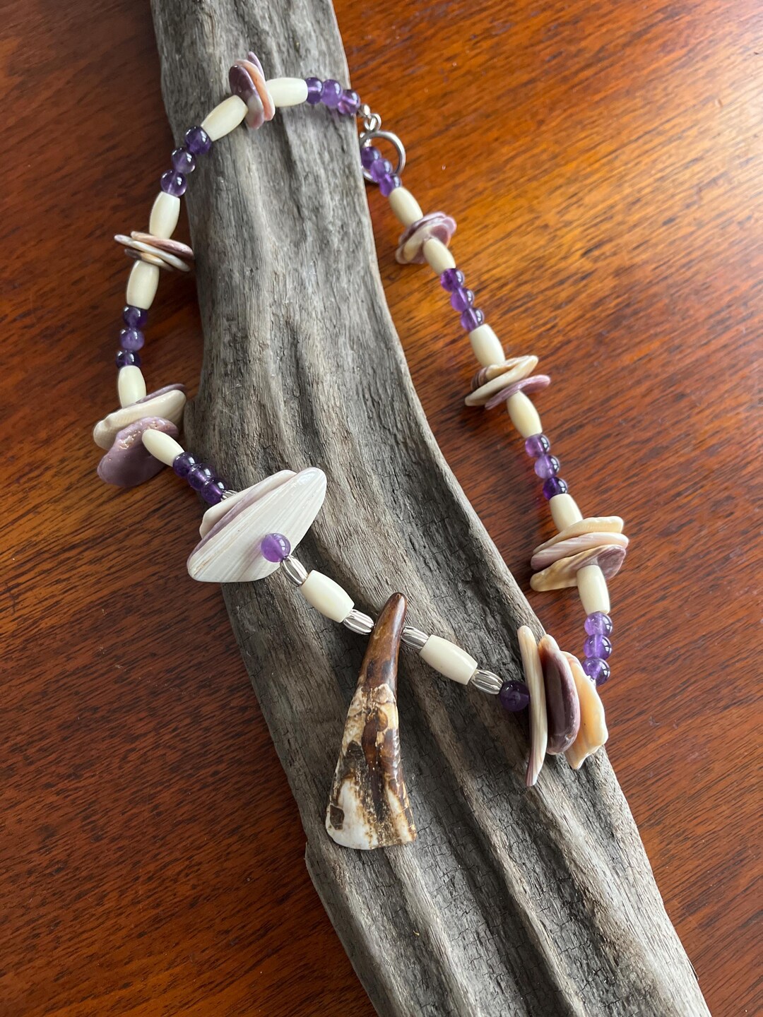 Handcrafted Native American Made Wampum Shell Necklace: Buffalo Tooth ...