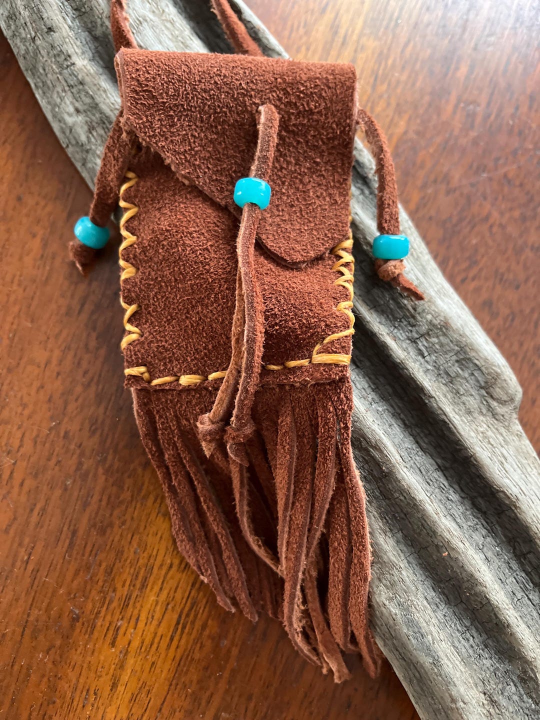 Hand Sewn Deer Hide Pouch: Native American Made Neck Bag With Blue ...