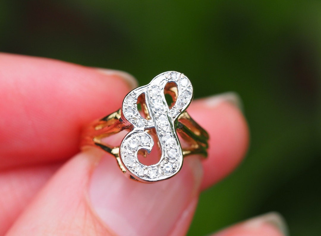 Vintage 1990s Diamond, S, P, or J Letter Ring in 14K Yellow & White ...