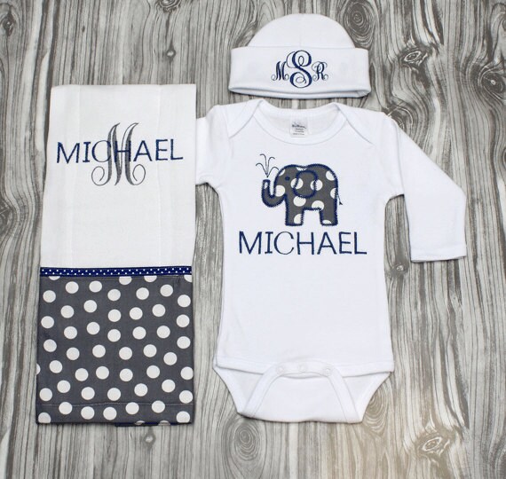 Gray and navy modern elephant baby gift set includes | Etsy
