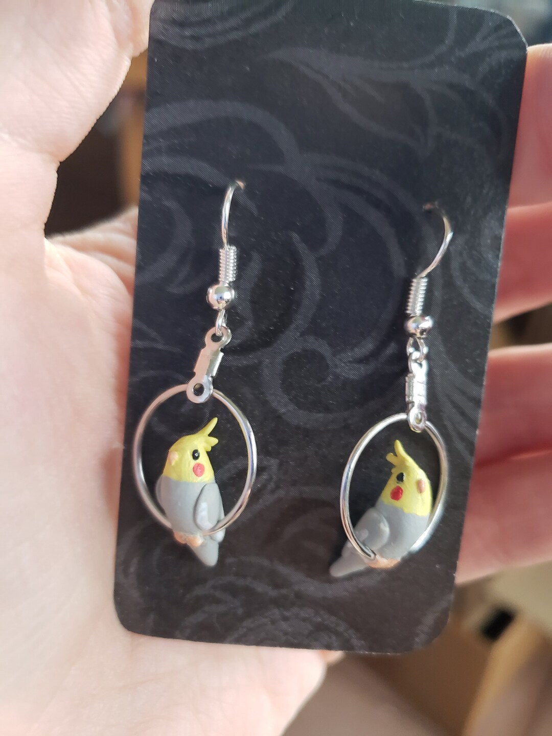 Silver Cockatiel on a Perch Earrings Mini Polymer Clay Bird Hook ...