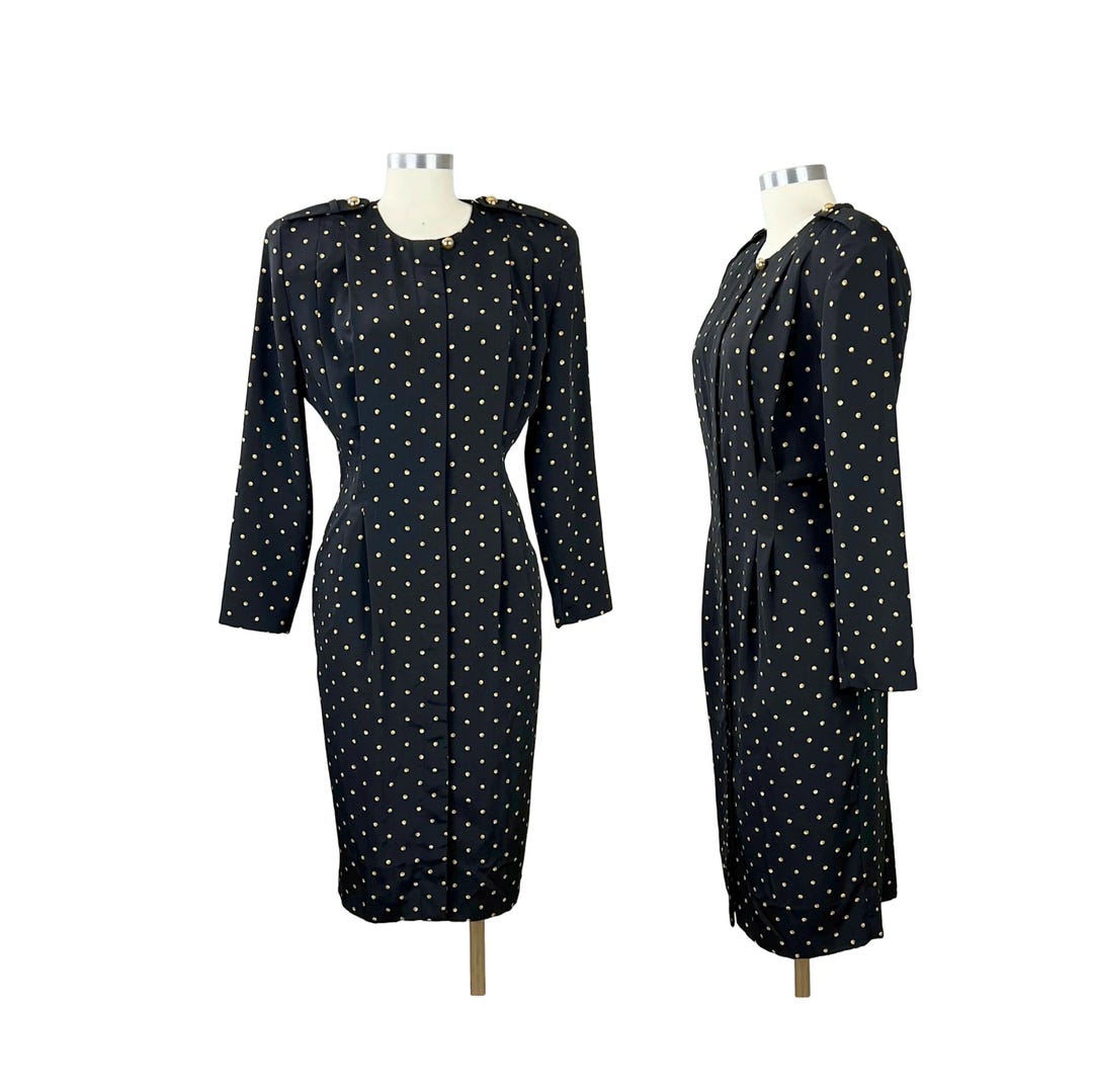 L - 90s Black Polka Dot Dress Large, Long Sleeve Midi With Pockets ...