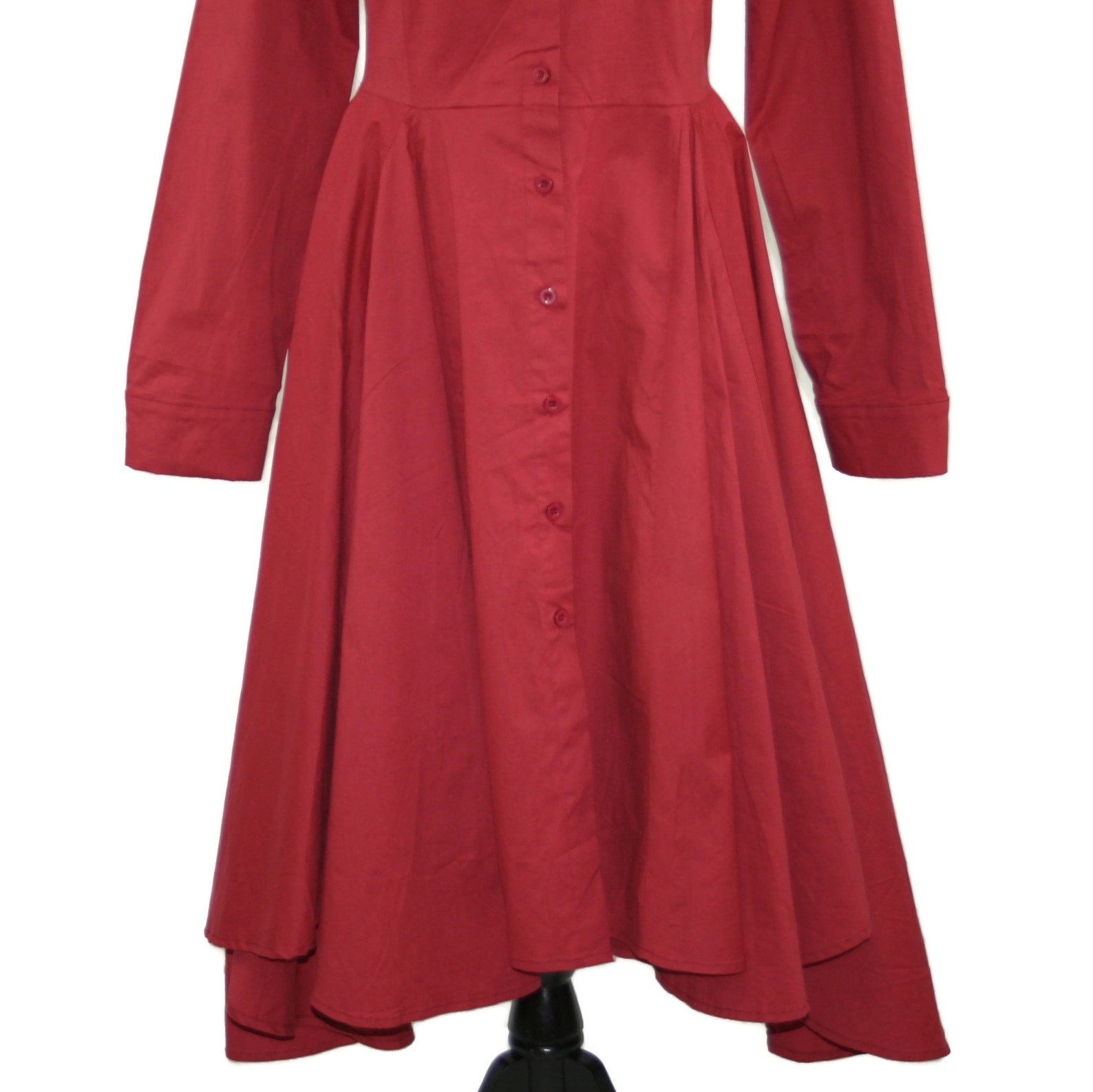 Dark Red Casual Long Sleeve Dress Button up Cotton Midi Fit | Etsy