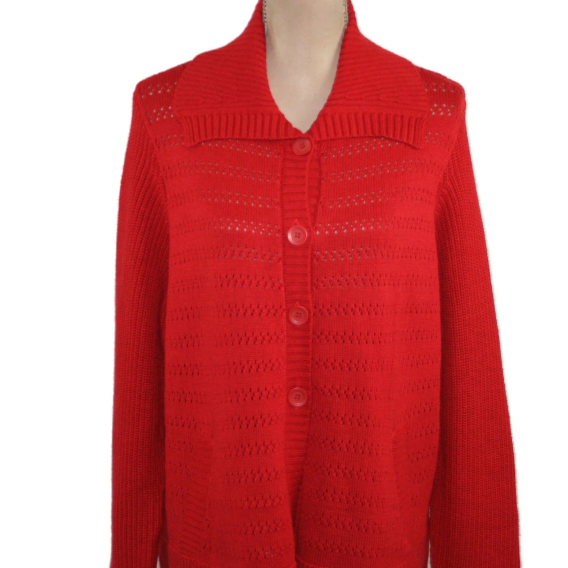 Red Cardigan Women 2X Cotton Knit with Pockets Pointelle | Etsy