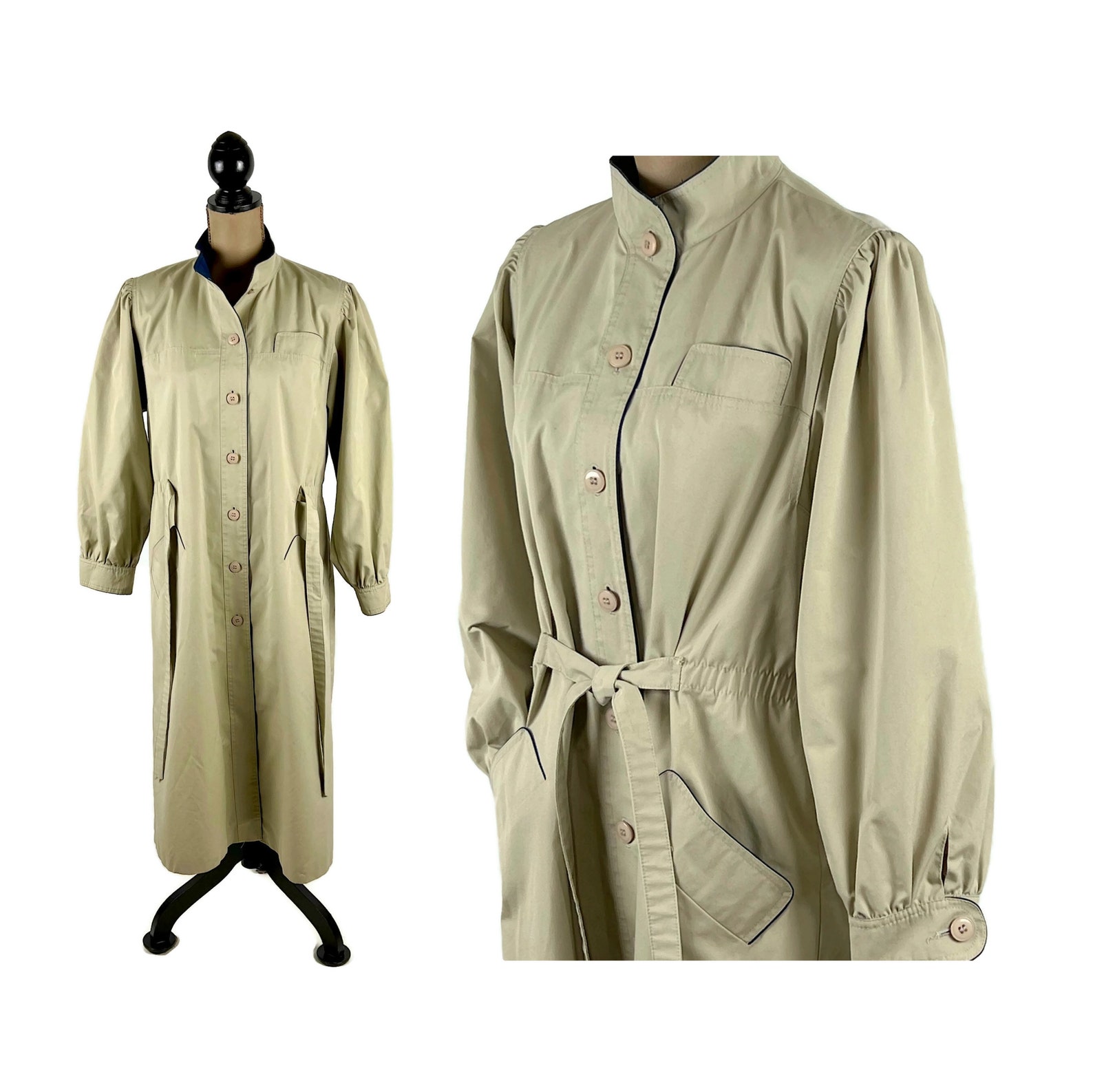 80s Vintage Beige Raincoat With Navy Piping 1980s Rain - Etsy