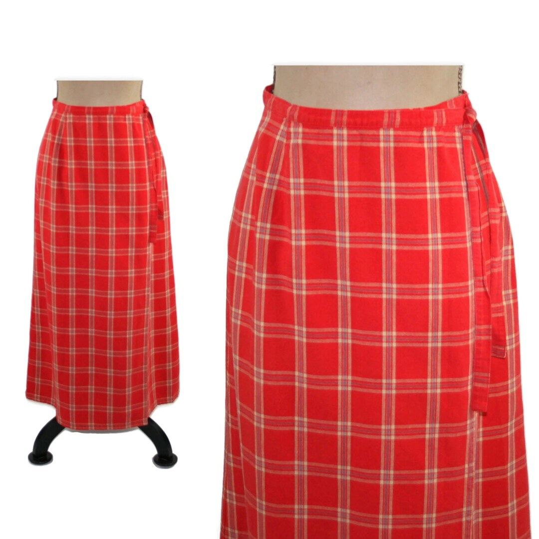 S 90s Long Cotton Skirt Small, Maxi Wrap Skirt, Casual Red Check Picnic ...