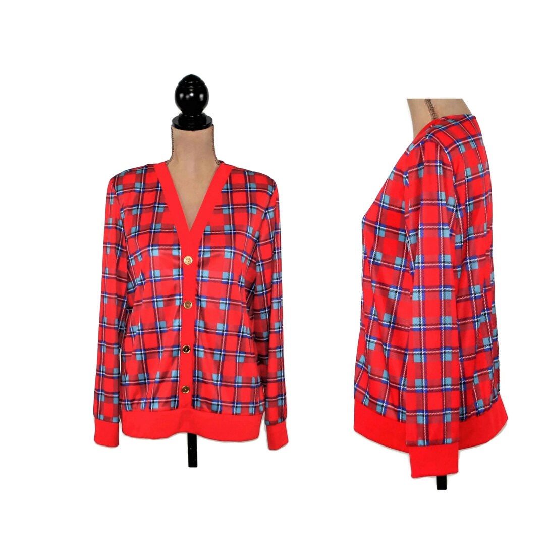 M 80s Blue and Red Plaid Cardigan Medium, Lightweight Stretch Knit V ...