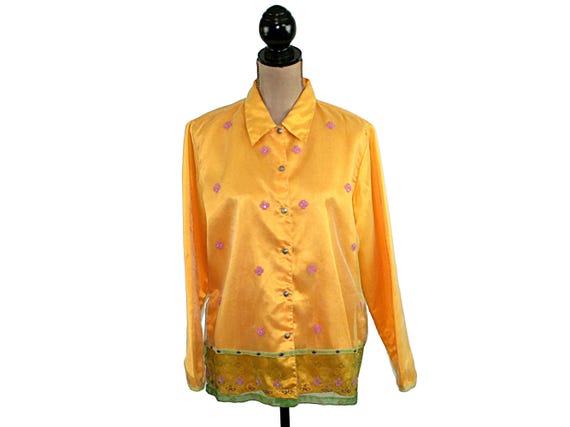 L - Marigold Yellow Satin Blouse with Sheer Floral Em… - Gem