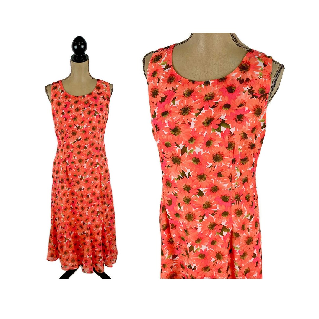 L Y2K Orange Floral Chiffon Dress Large Sleeveless Sundress A Line Midi ...