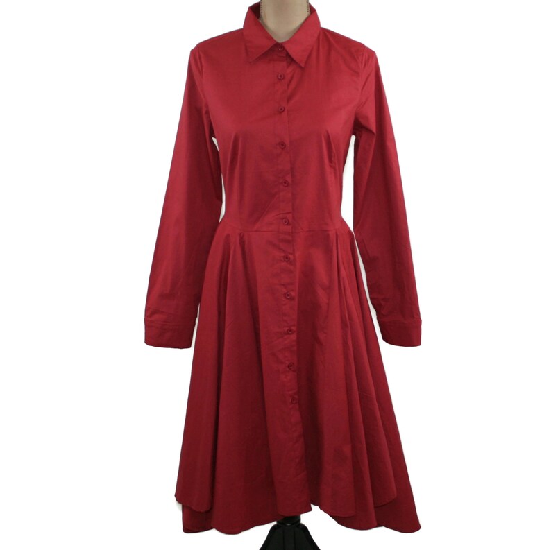 Dark Red Casual Long Sleeve Dress Button up Cotton Midi Fit | Etsy